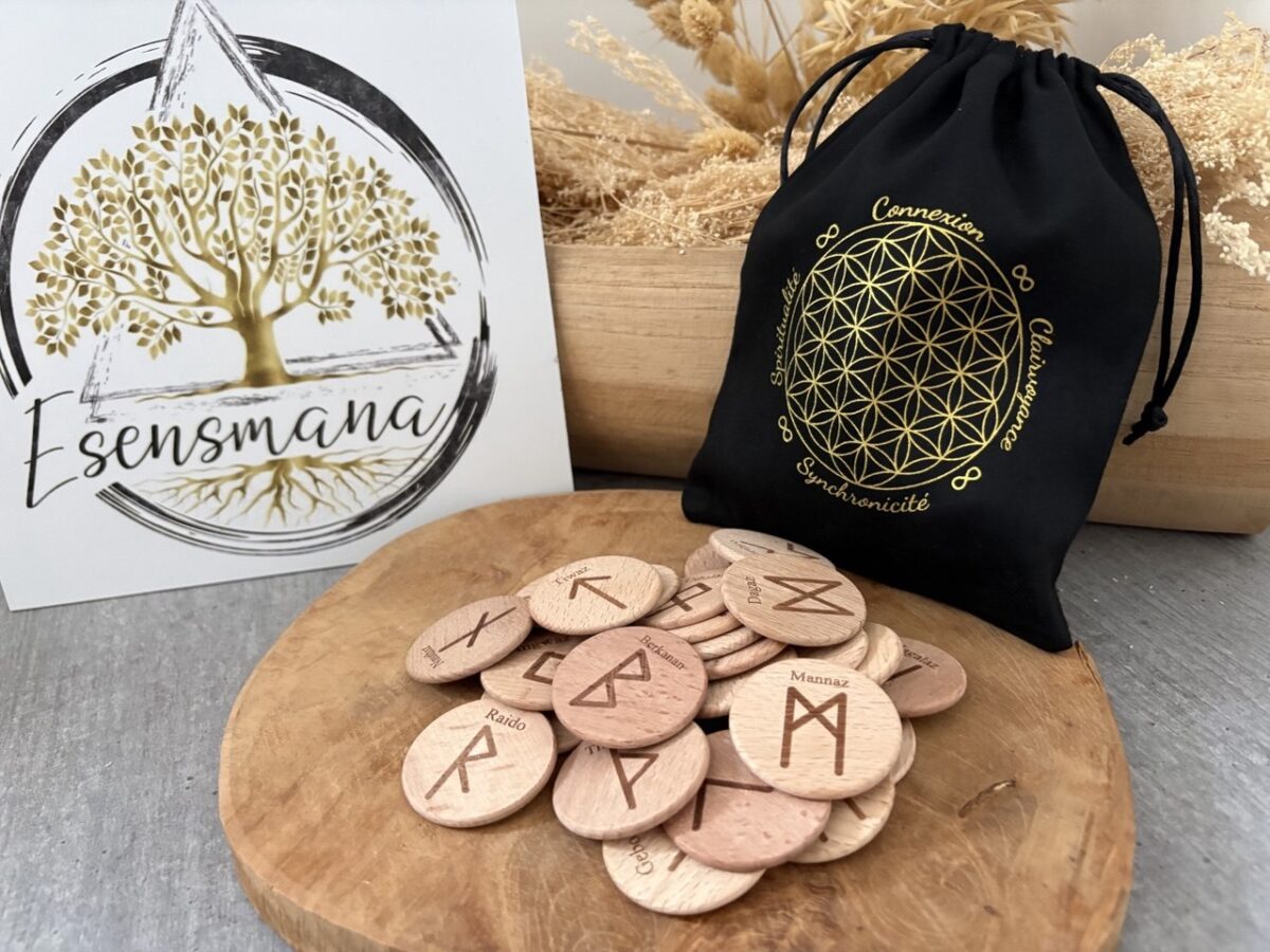 Jetons divinatoires, Runes Futhark, version rondes, en bois - Esensmana